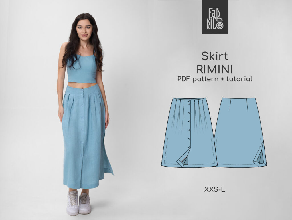 Rimini women's buttons skirt sewing pattern + video tutorial - Fabrico